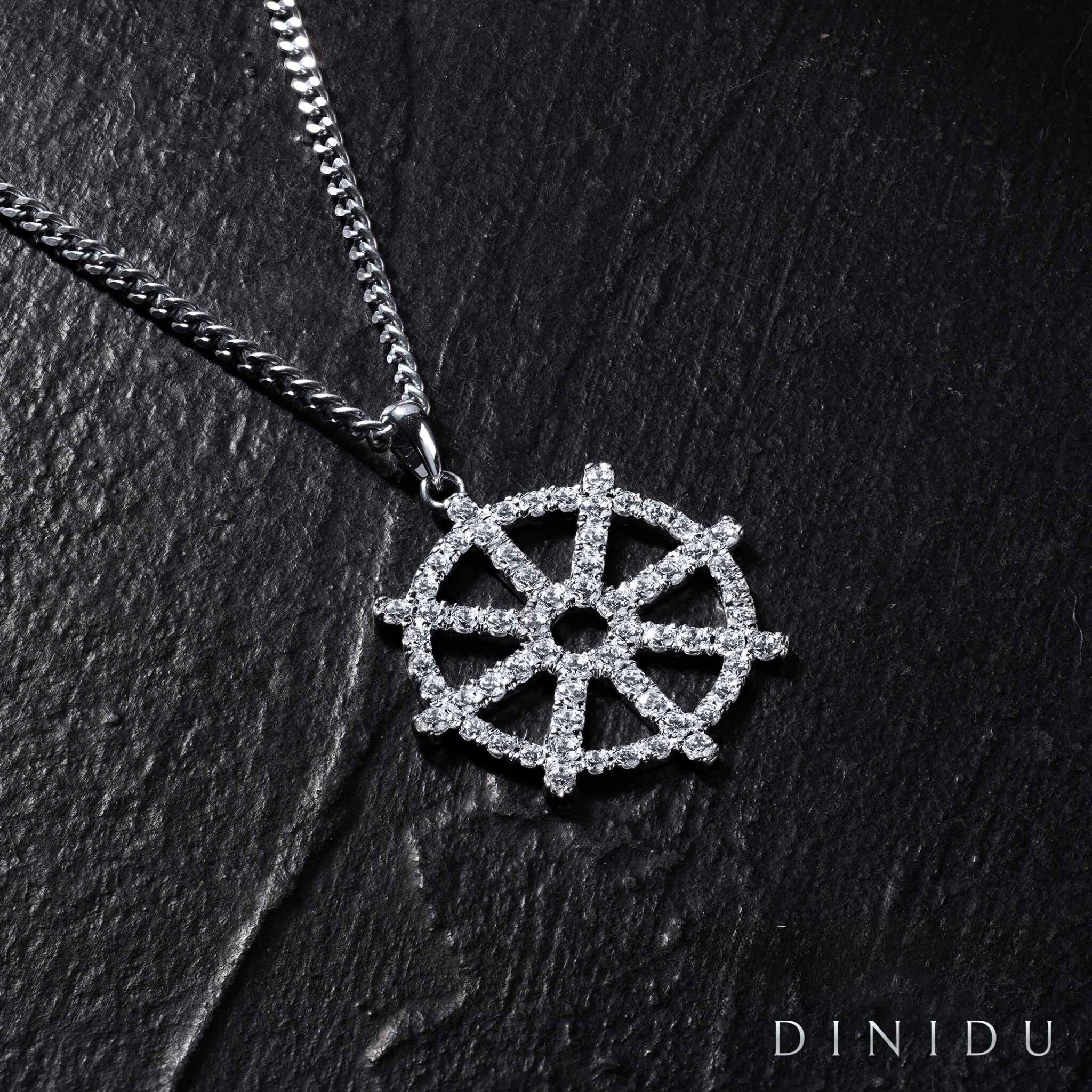 Cubic Zirconias & White Gold Dharmachakra Pendant - DINIDU