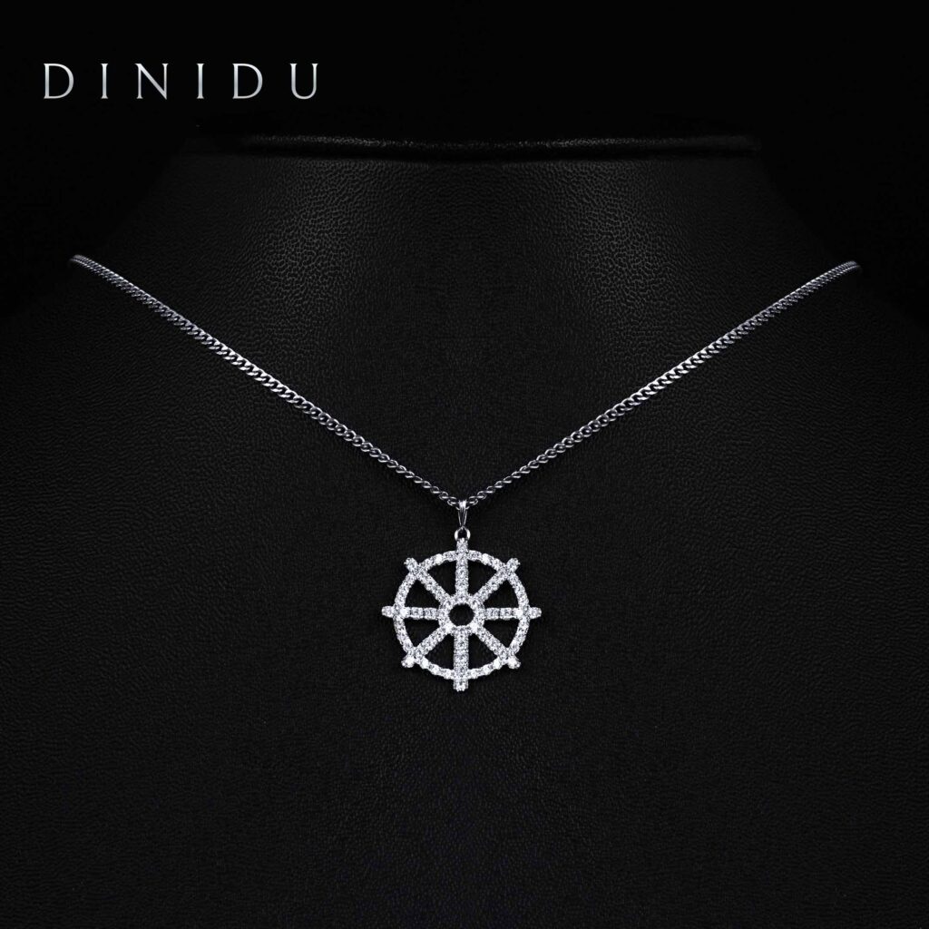Cubic Zirconias & White Gold Dharmachakra Pendant - DINIDU