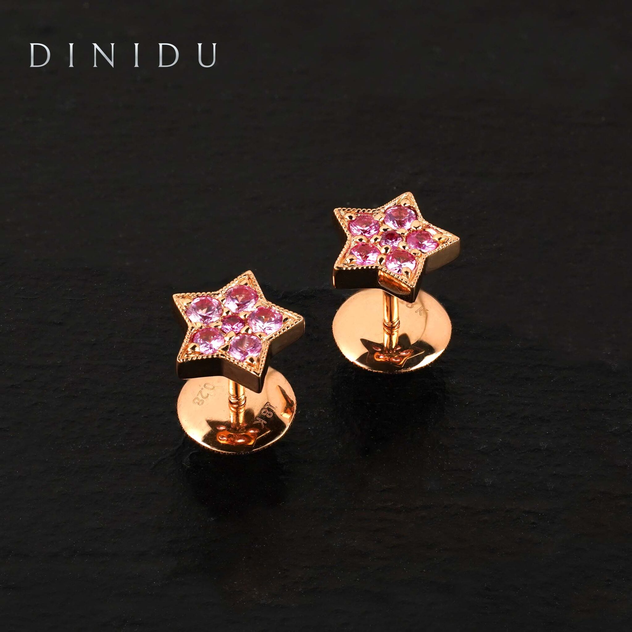 Pink Sapphires and Rose Gold Star Earrings - DINIDU