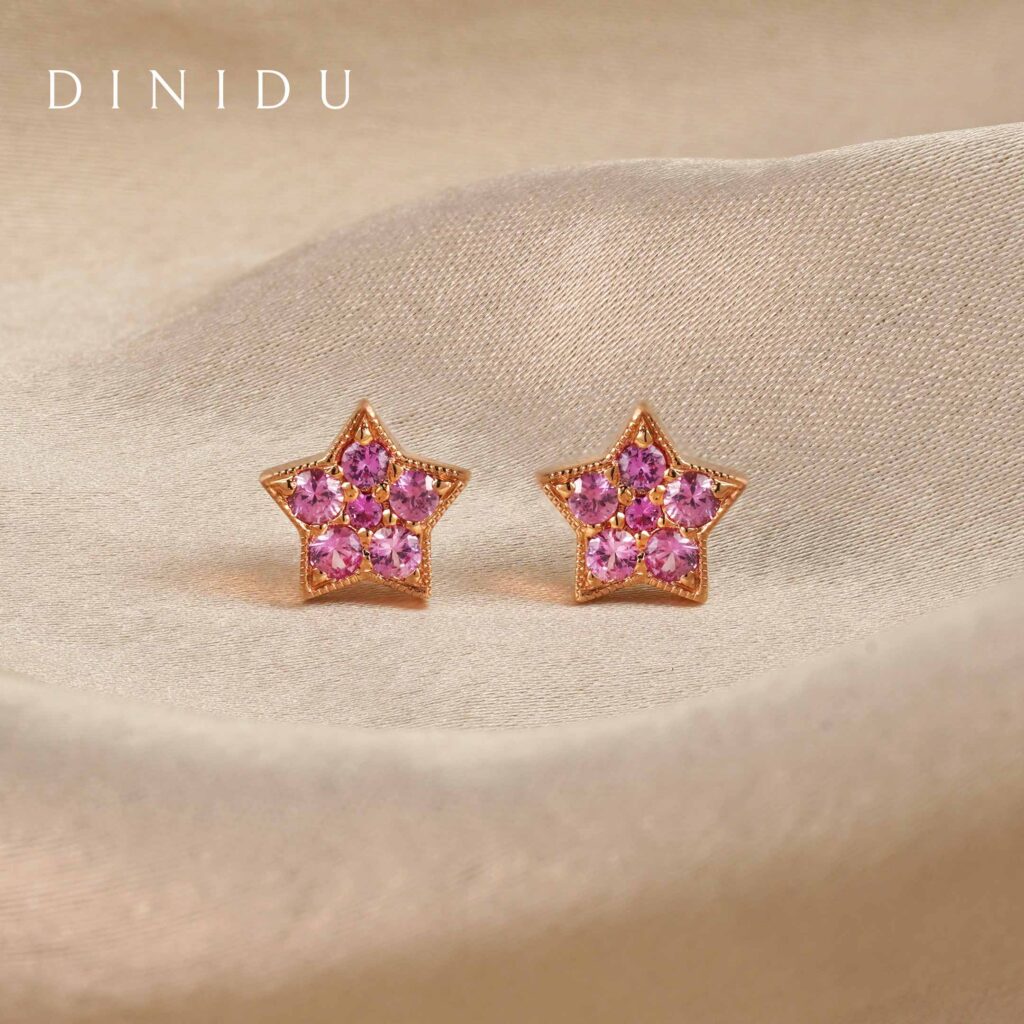Pink Sapphires and Rose Gold Star Earrings - DINIDU