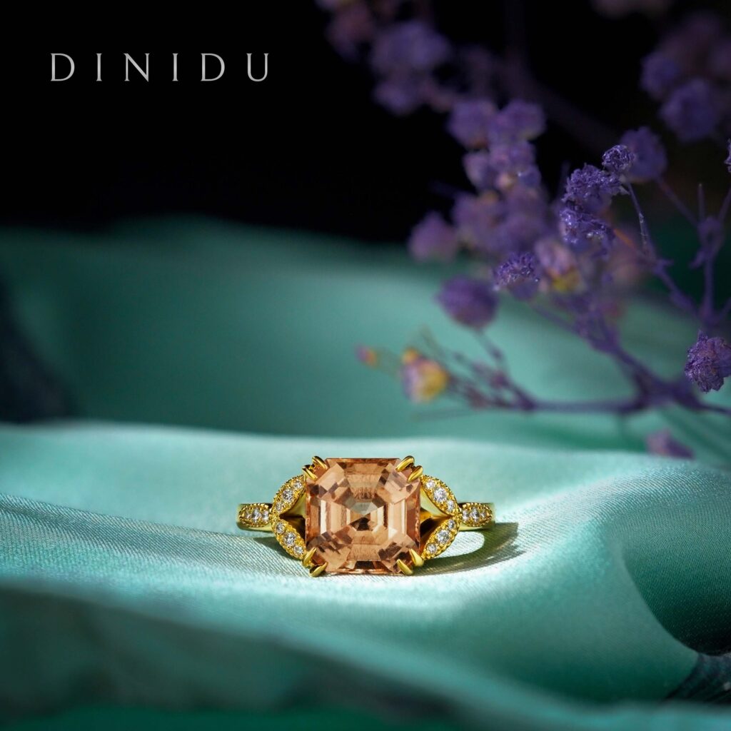 Asscher Cut Hessonite Garnet Yellow Gold Ring - DINIDU