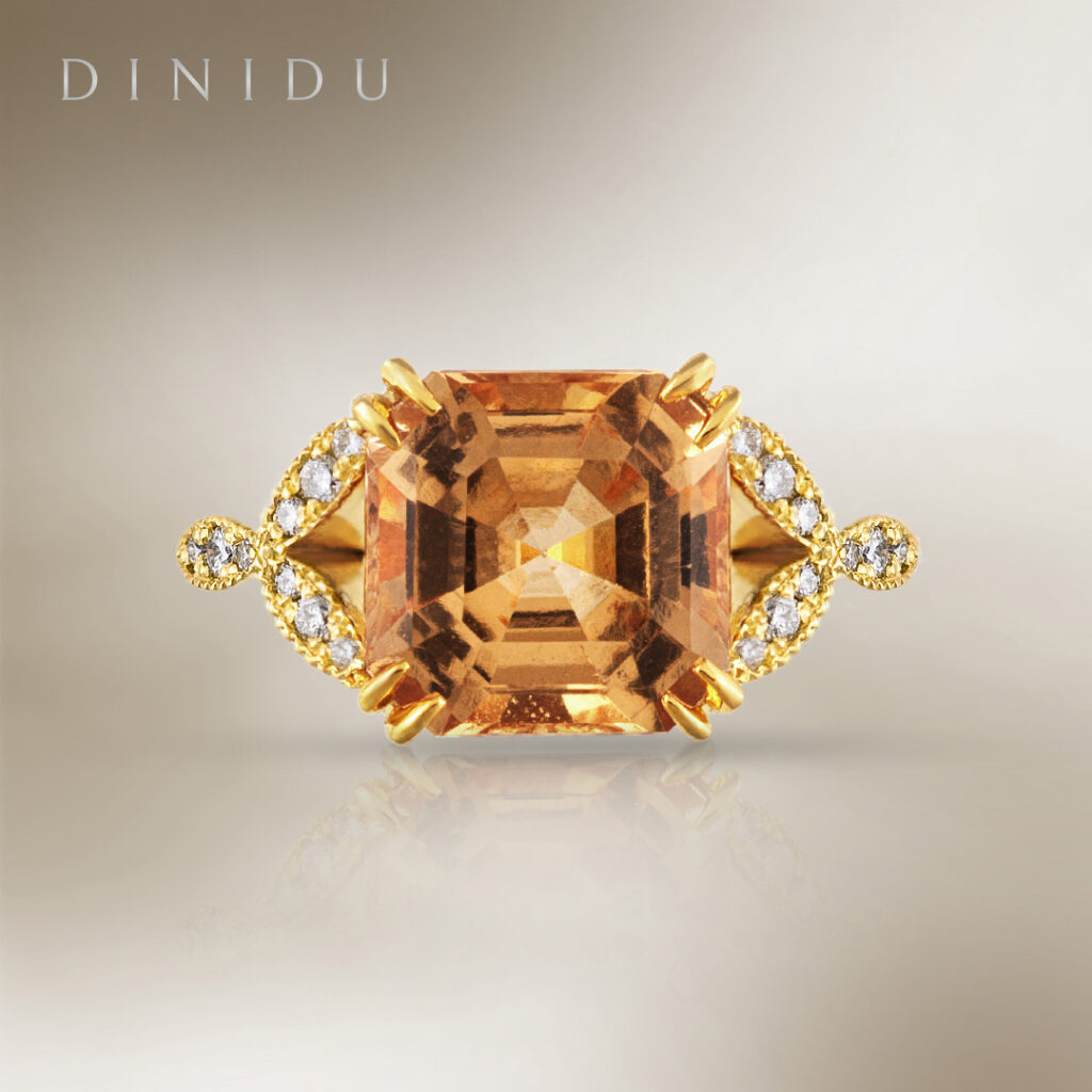 Asscher Cut Hessonite Garnet Yellow Gold Ring - DINIDU