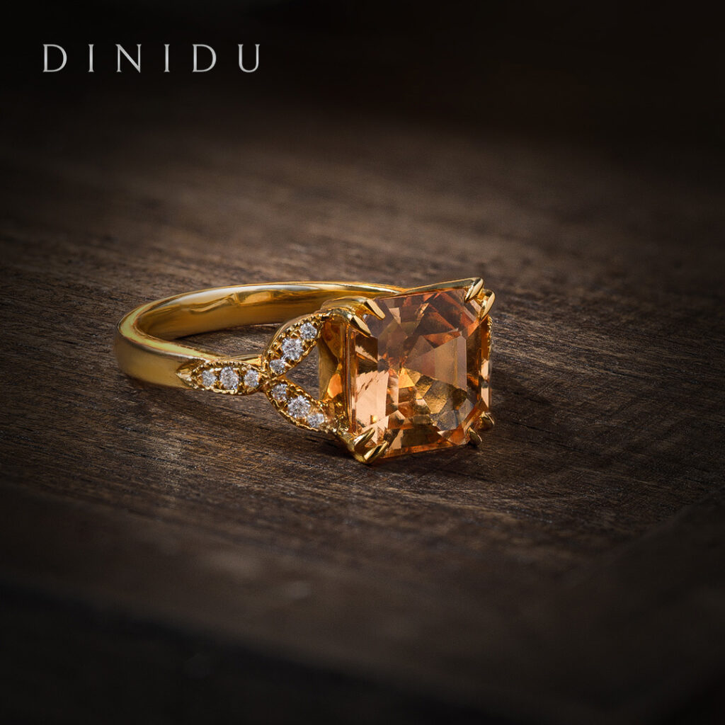 Asscher Cut Hessonite Garnet Yellow Gold Ring - DINIDU