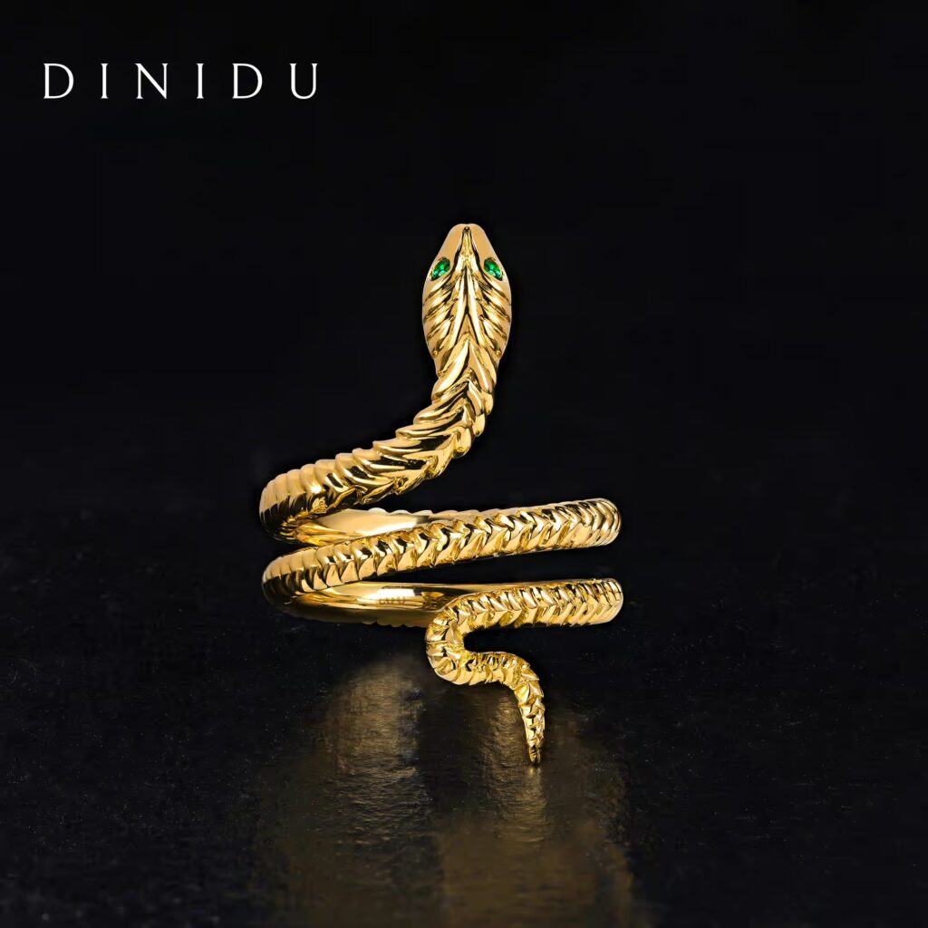 Emerald Medusa Yellow Gold Serpent Ring - DINIDU